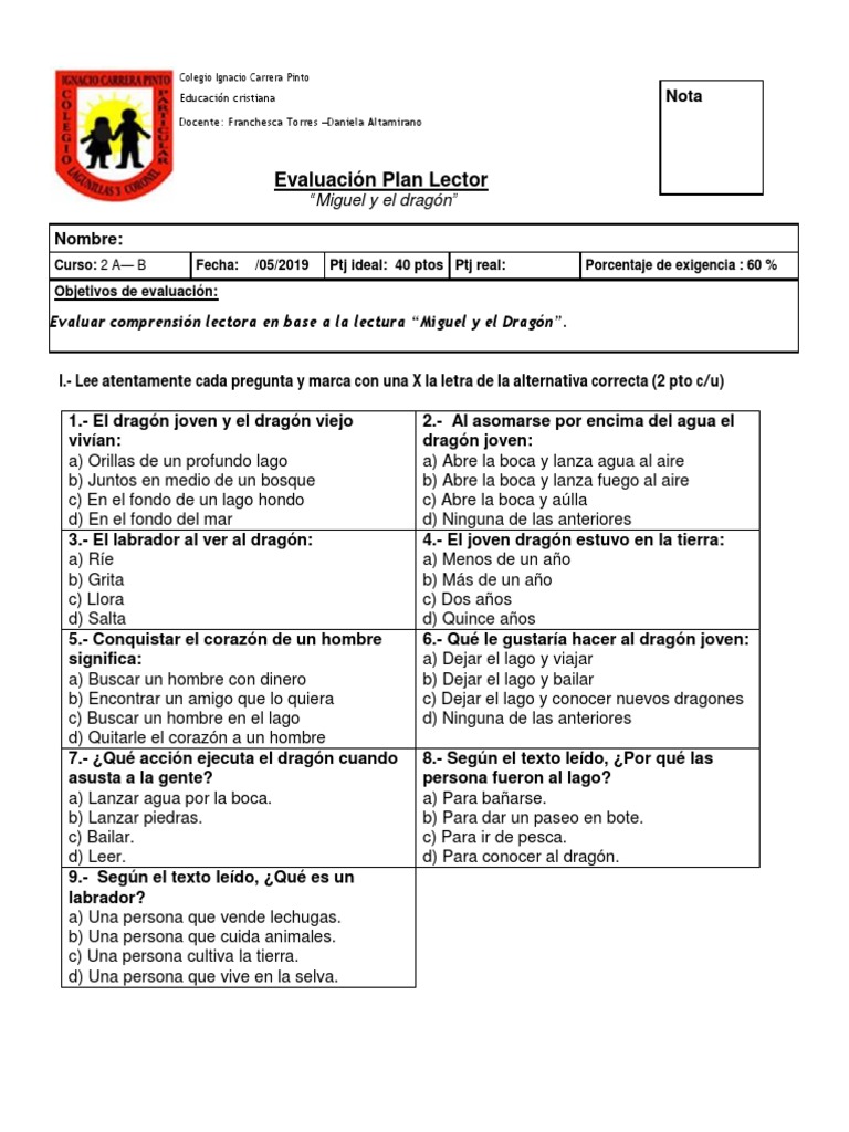 Prueba Plan Lector 2do Miguel y El Dragón | PDF | Ocio