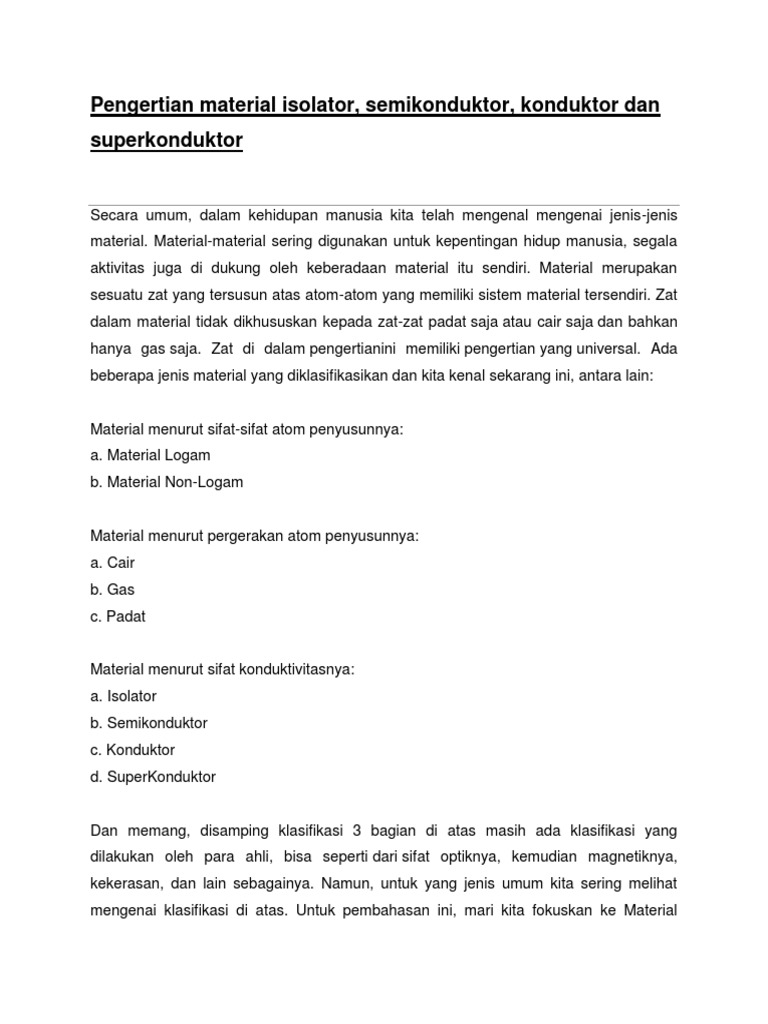 Jenis Material: Isolator, Semikonduktor, Konduktor | PDF