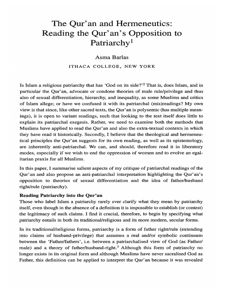 Barlas-The Quran and Hermeneutics PDF | PDF | Tawhid | Gender