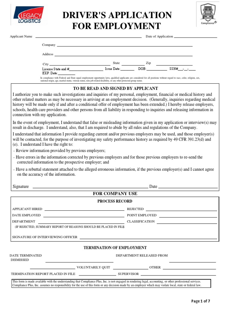 Driver'S Application For Employment: To Be Read and Signed by Applicant ...