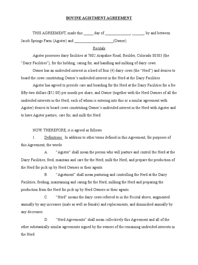 Bovine Agistment Agreement | Indemnity | Dairy Cattle