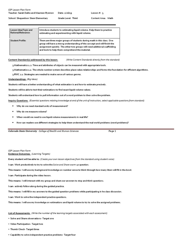 CEP Lesson Plan Form: Lesson Idea/Topic and Rational/Relevance | PDF ...