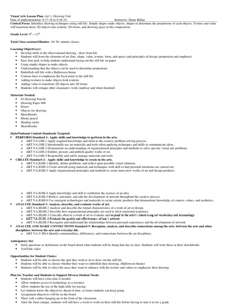 Art 1 Drawing Lesson Plan | PDF | The Arts | Drawing