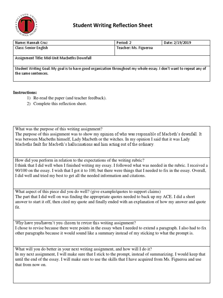 Student Reflection on Macbeth Essay | PDF | Macbeth | Rubric (Academic)