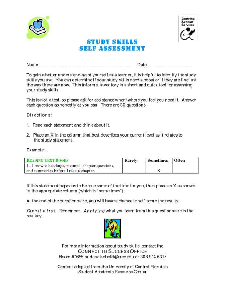 Study Skills Self-Assessment Tool | PDF | Study Skills | Educational ...