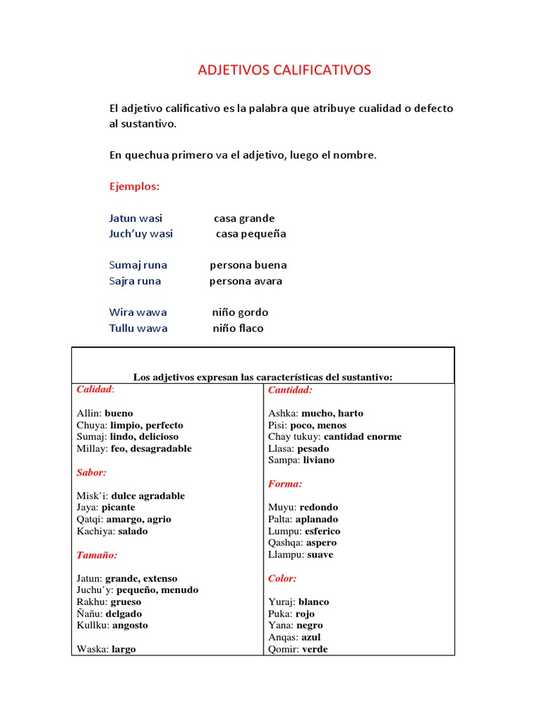 Adjetivos Calificativos Quechua | Adjetivo | Verbo