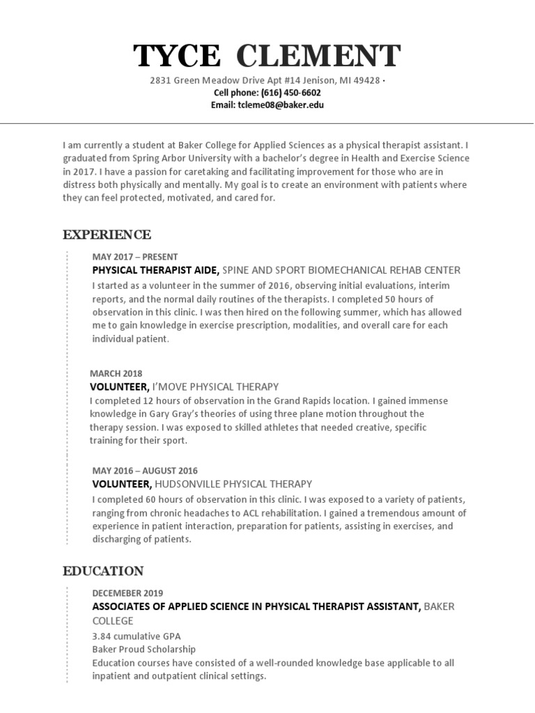 Tyce Clements Resume | PDF | Physical Therapy | Psychology