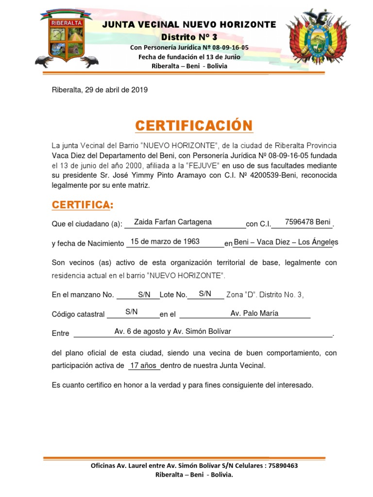 Certificacion - Junta Vecinal - Nuevo Horizonte 17 | PDF | Bolivia | América del Sur