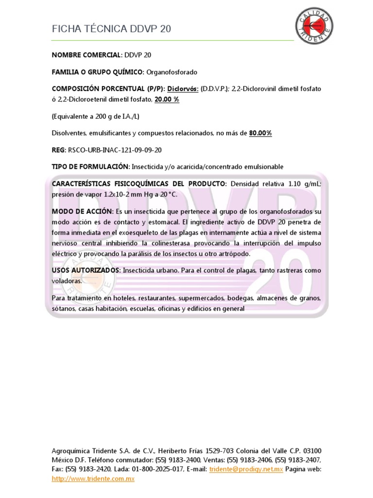 Ficha Técnica DDVP 20 Insecticida | PDF | Insecticida | Naturaleza