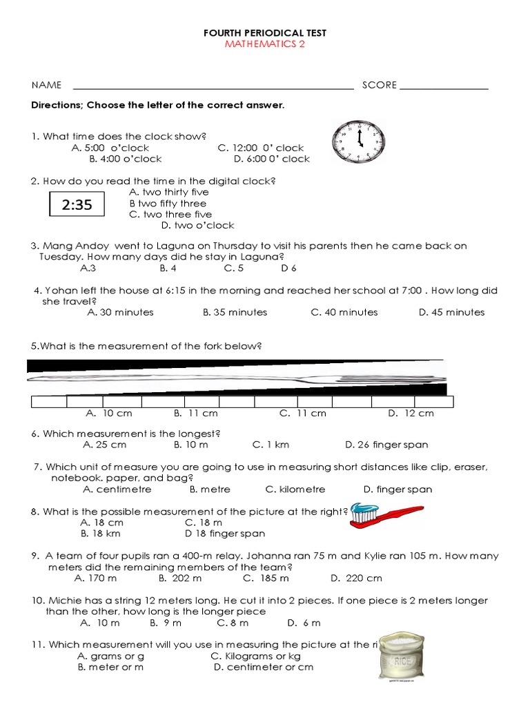 Fourth Periodical Test: Mathematics 2 | PDF | Kilogram | Litre