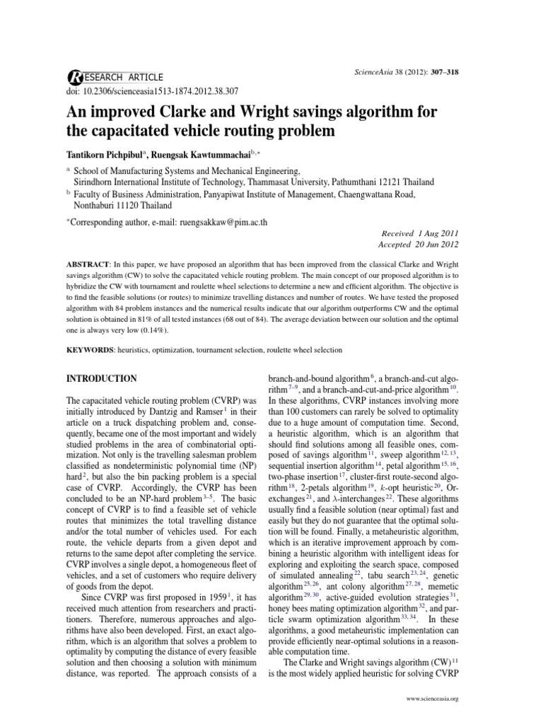 An Improved Clarke and Wright Savings Algorithm For The Capacitated Vehicle Routing Problem ...
