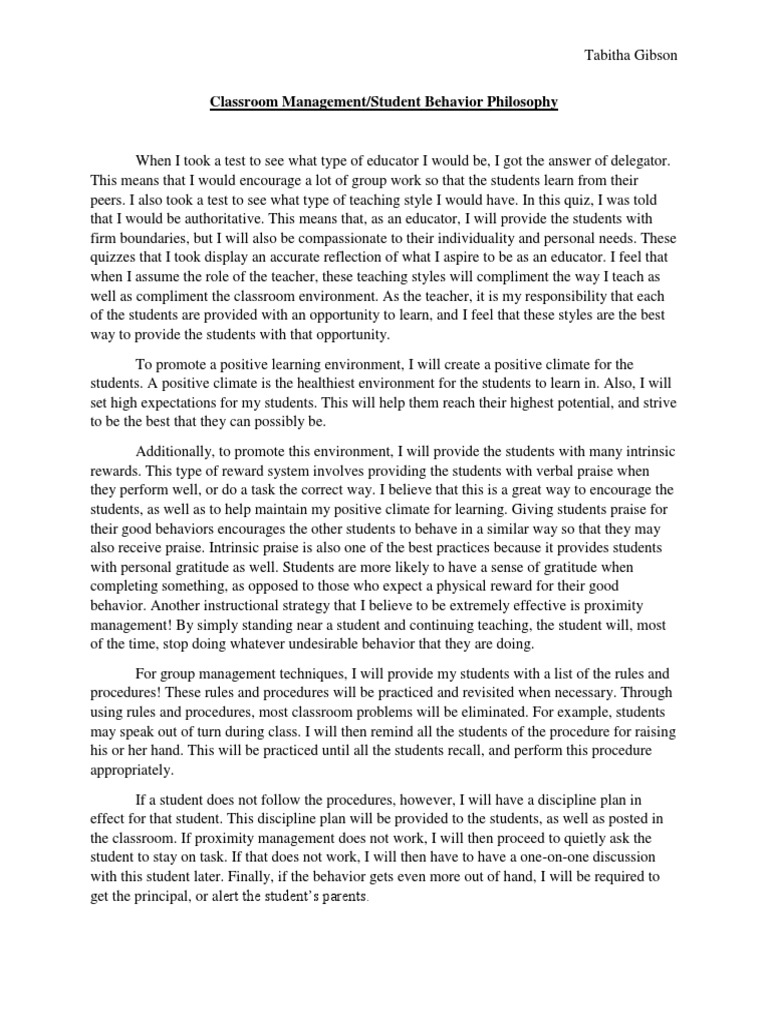 Classroom Management Philosophy | PDF | Classroom Management | Teachers