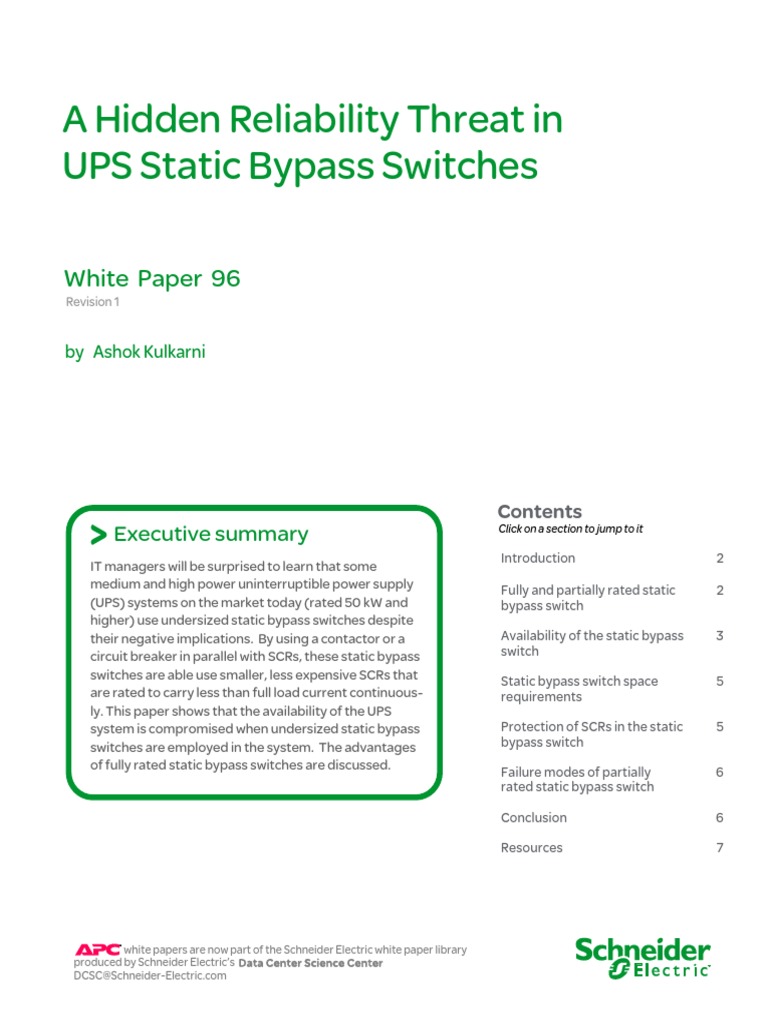 A Hidden Reliability Threat in UPS Static Bypass Switches: White Paper 96 | PDF | Switch ...