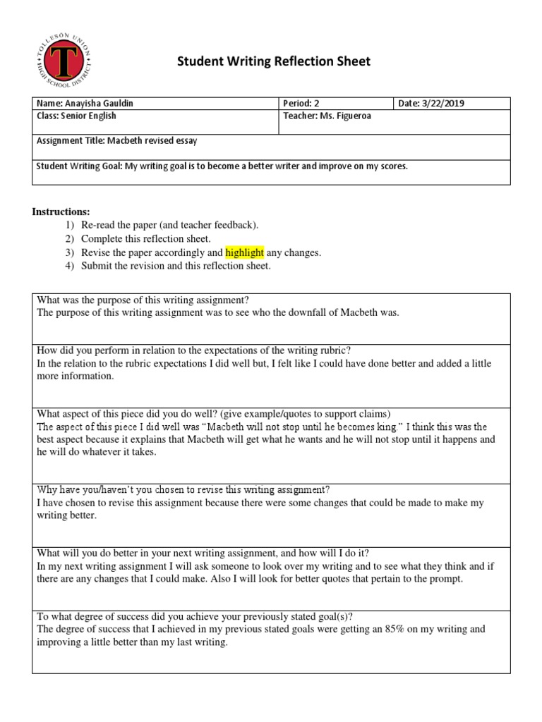 Macbeth Downfall Reflection Sheets 1 | PDF