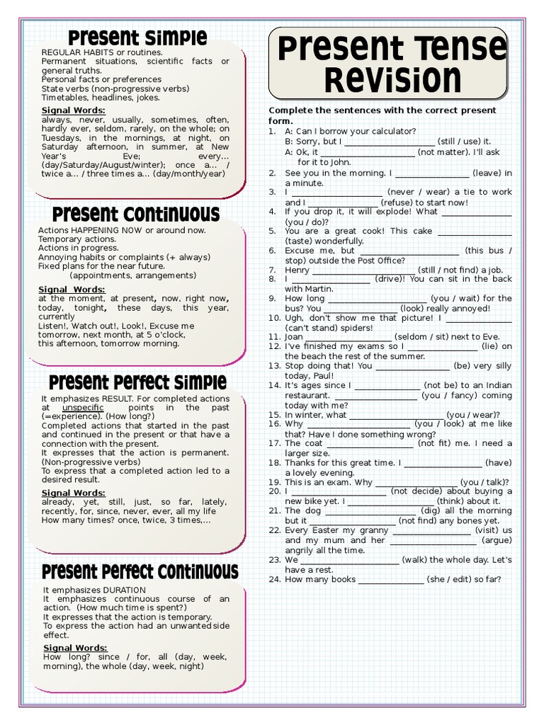 Present Tenses Revision Grammar Drills 93083 | PDF | Languages ...