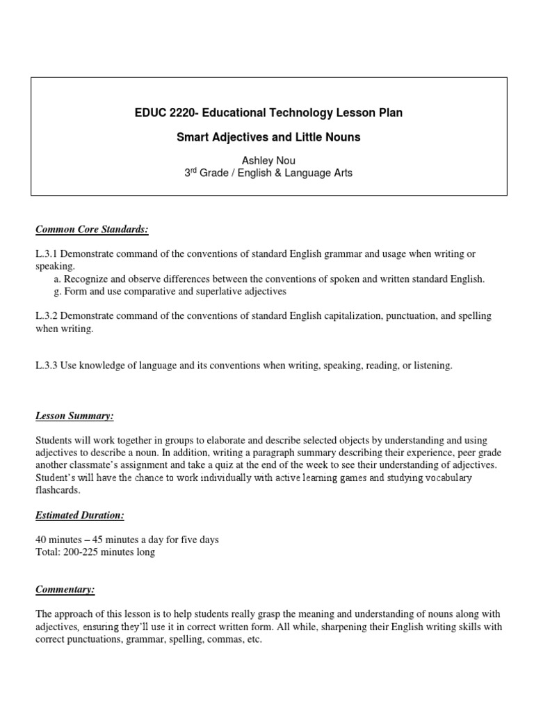 EDUC 2220-Educational Technology Lesson Plan Smart Adjectives and Little Nouns | PDF | English ...