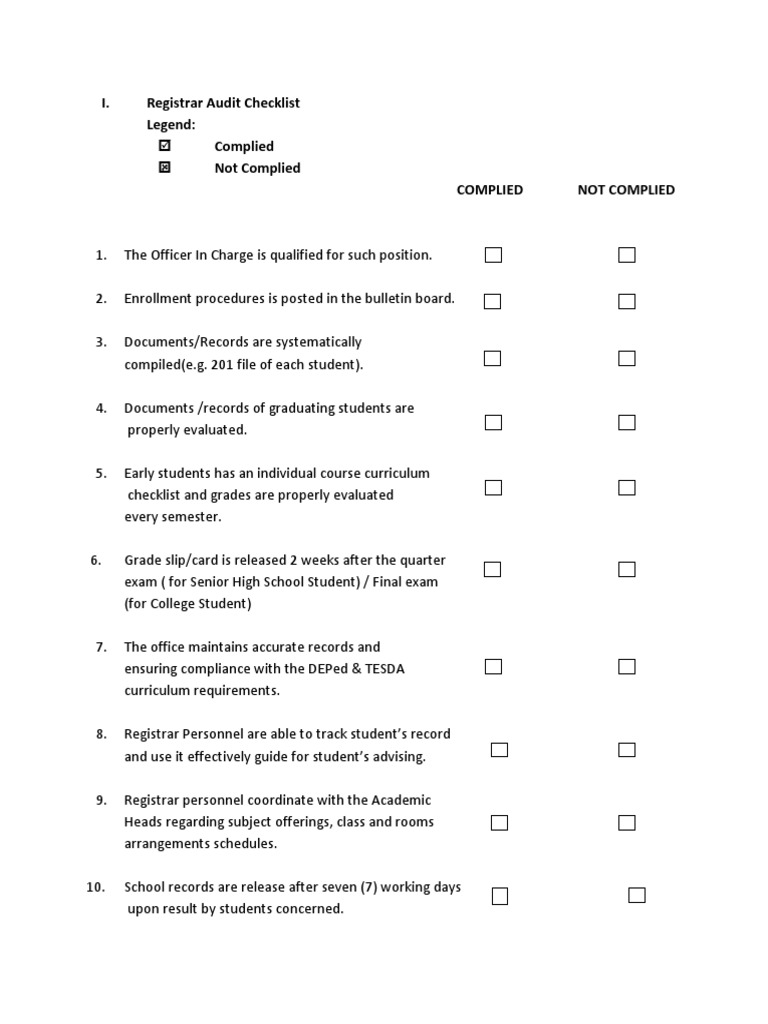 I. Registrar Audit Checklist Legend: Complied Not Complied Complied Not ...