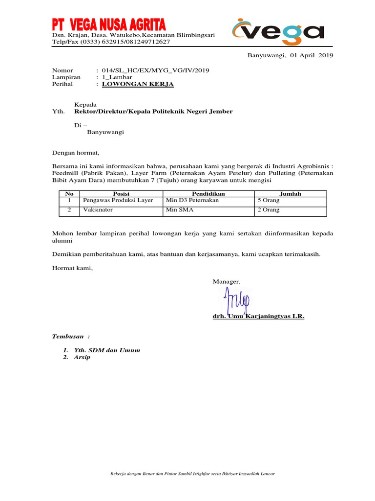 Surat Lowongan April 19 Poltek Jember | PDF