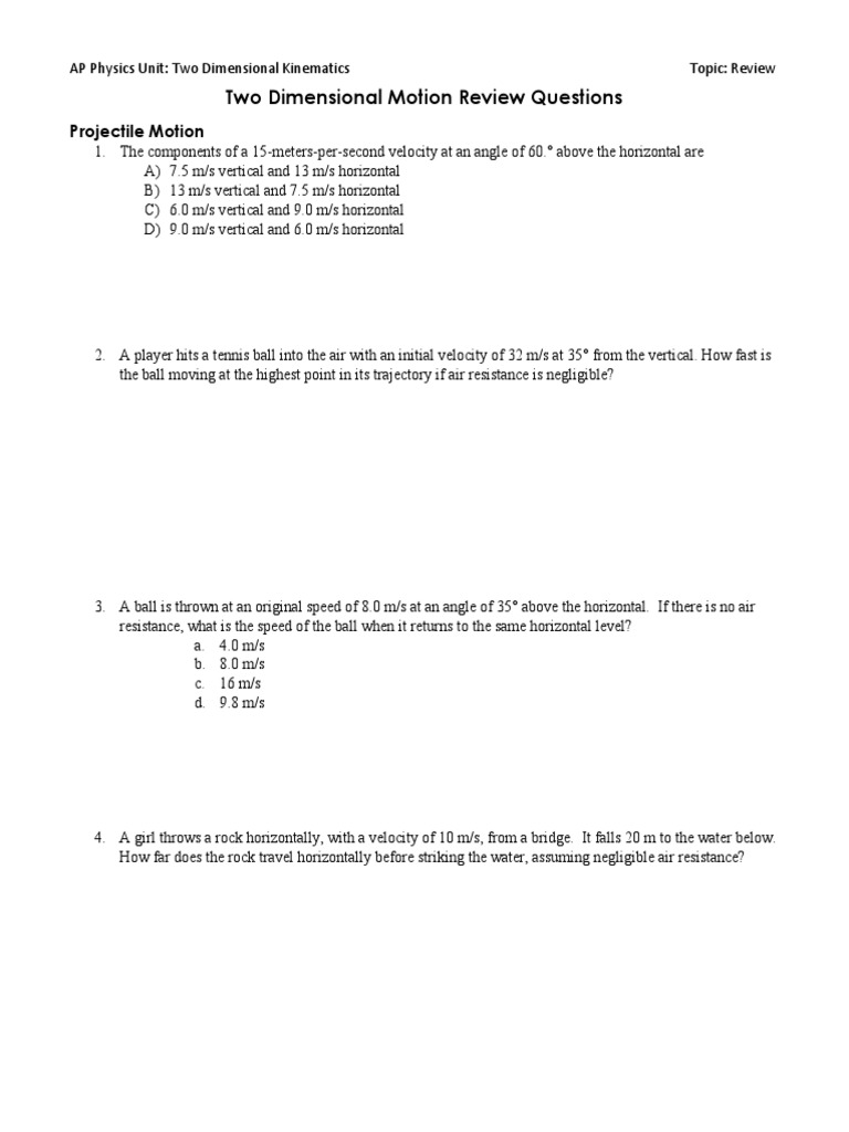 Two Dimensional Motion Review Questions | PDF | Trajectory | Kinematics