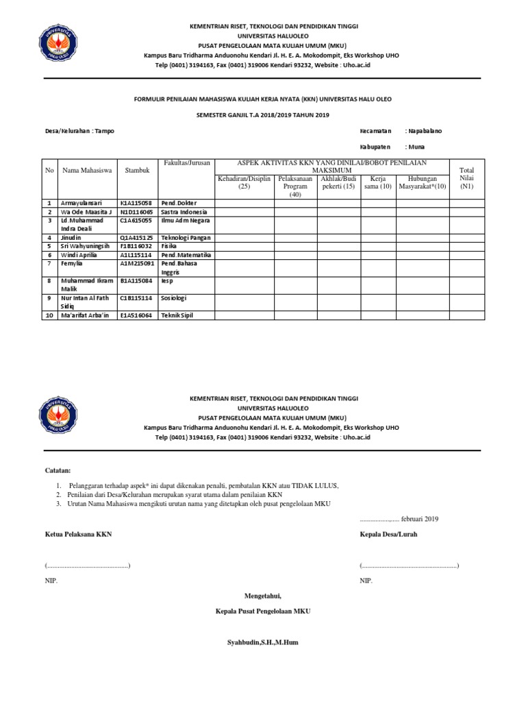 FORM PENILAIAN KKN MAHASISWA UNIVERSITAS HALUOLEO | PDF
