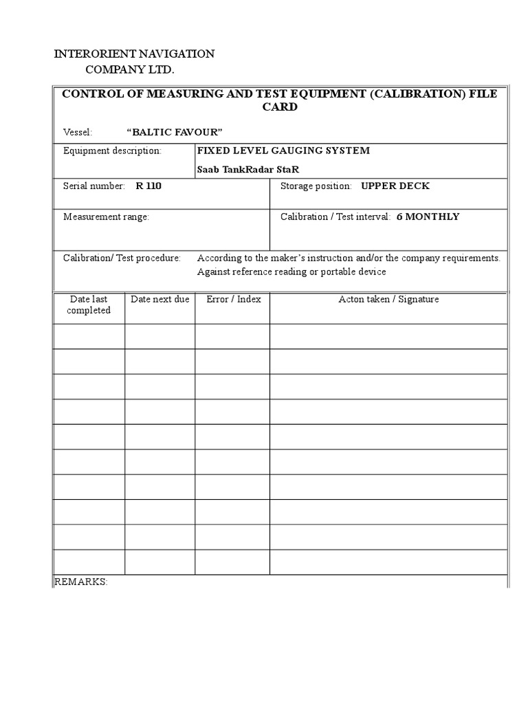Control of Measuring and Test Equipment (Calibration) File Card | PDF ...