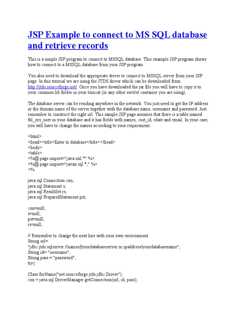 Jsp Example To Connect To Ms Sql Database And Retrieve Records Pdf Computing Platforms