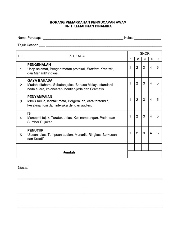 Borang Pemarkahan Pengucapan Awam | PDF