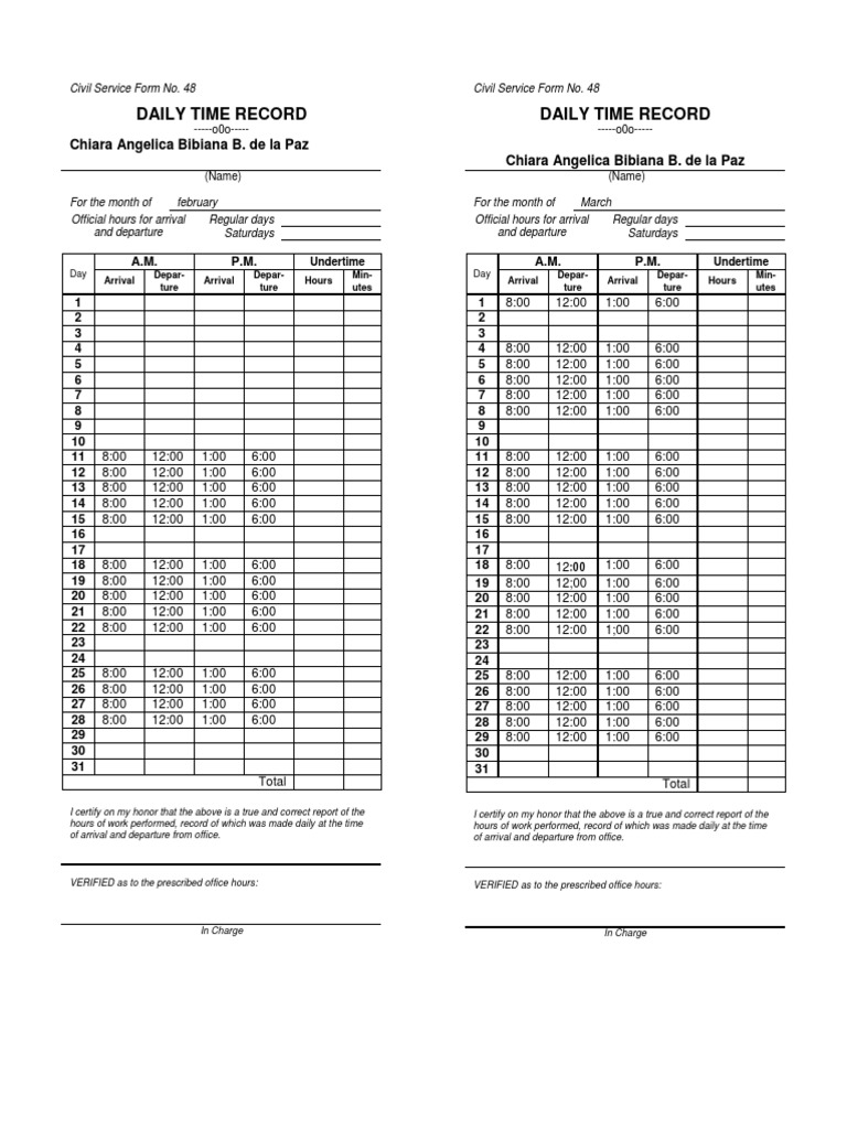 CSCForm48 DailyTimeRecord (DTR) | Download Free PDF | Teaching Mathematics