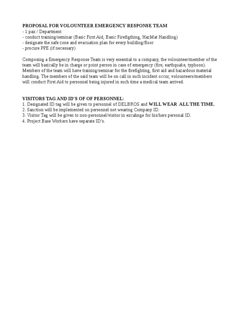 Proposal For Volounteer Emergency Response Team | PDF