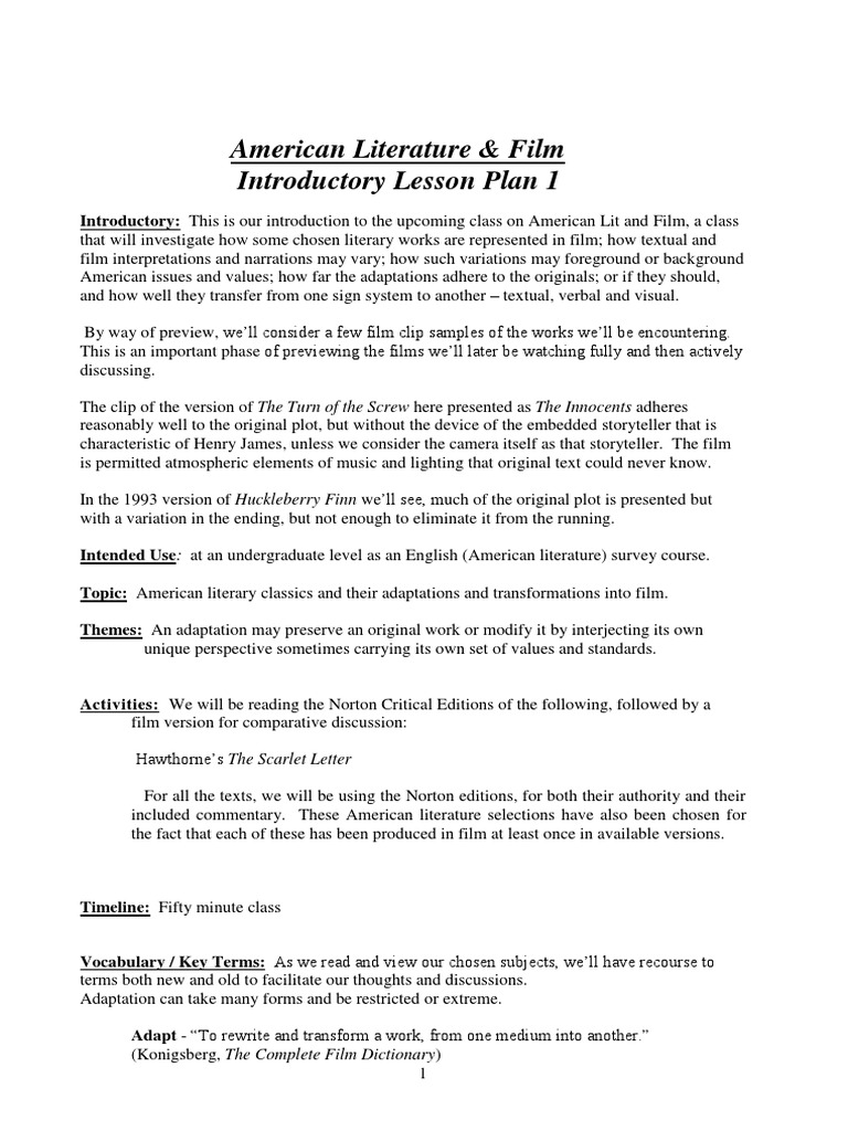 Lesson Plan For Am Lit Film Intro | PDF | Storytelling | American ...