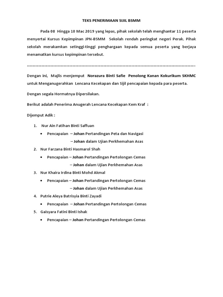 Teks Penerimaan Sijil BSMM | PDF