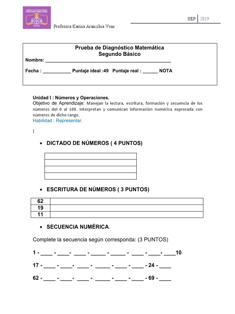 Prueba de Diagnostico de Educacion Matematica Segundo Basico (58 ...