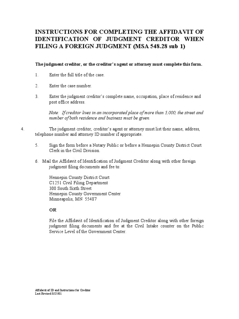 Foreign Judgment - Affidavit of Creditor | PDF | Affidavit | Notary Public