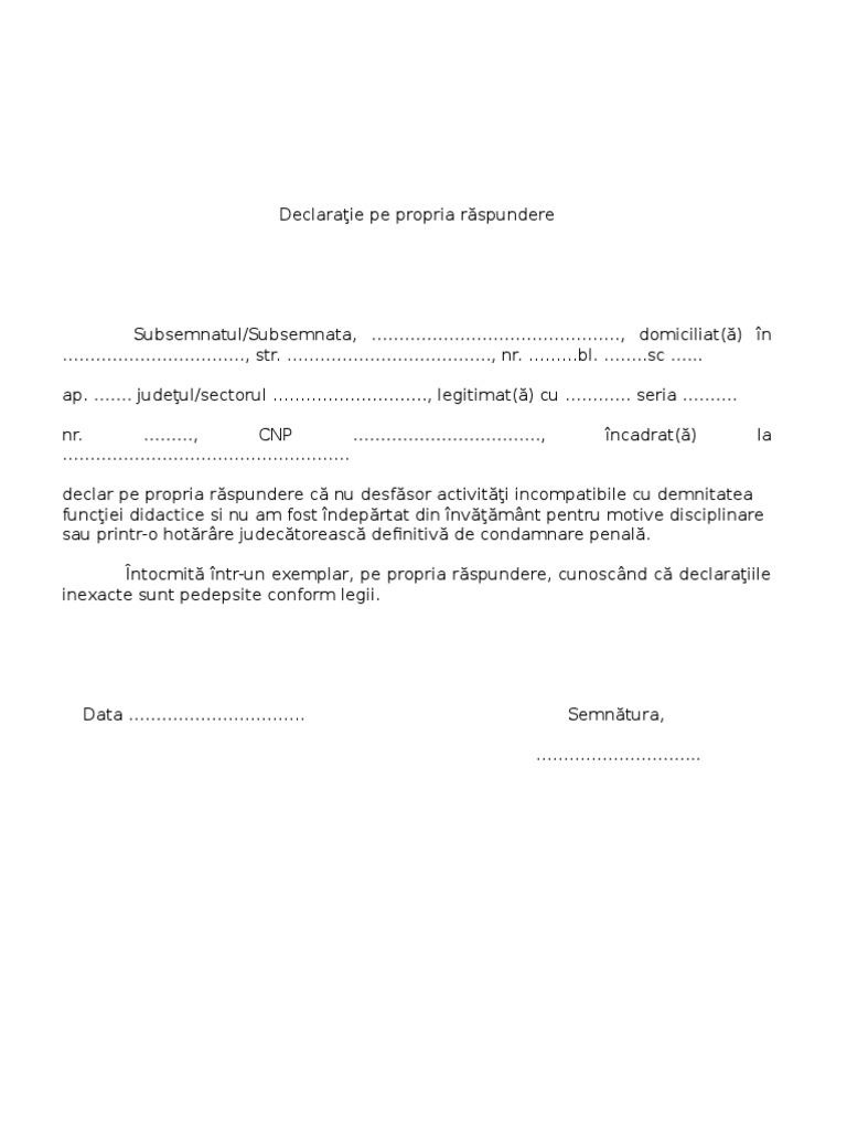 Declaratie Pe Propria Raspundere | PDF
