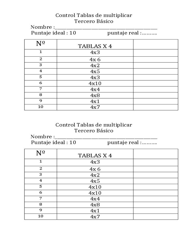 Control Tablas de Multiplicar | PDF