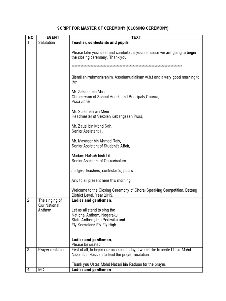 Script For Master of Ceremony - Closing | PDF
