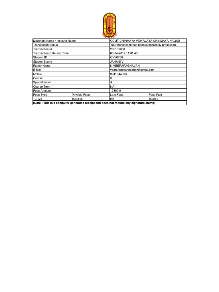 Note: This Is A Computer Generated Receipt and Does Not Require Any ...