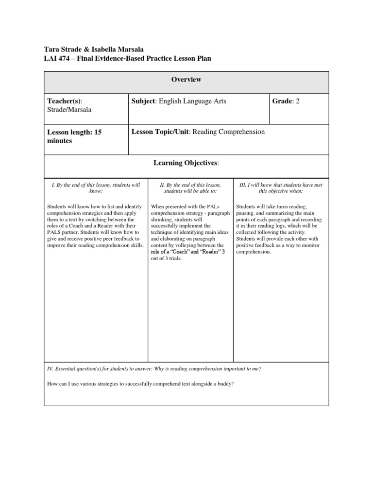 2nd Grade Reading Comprehension Lesson Plan | PDF | Reading ...
