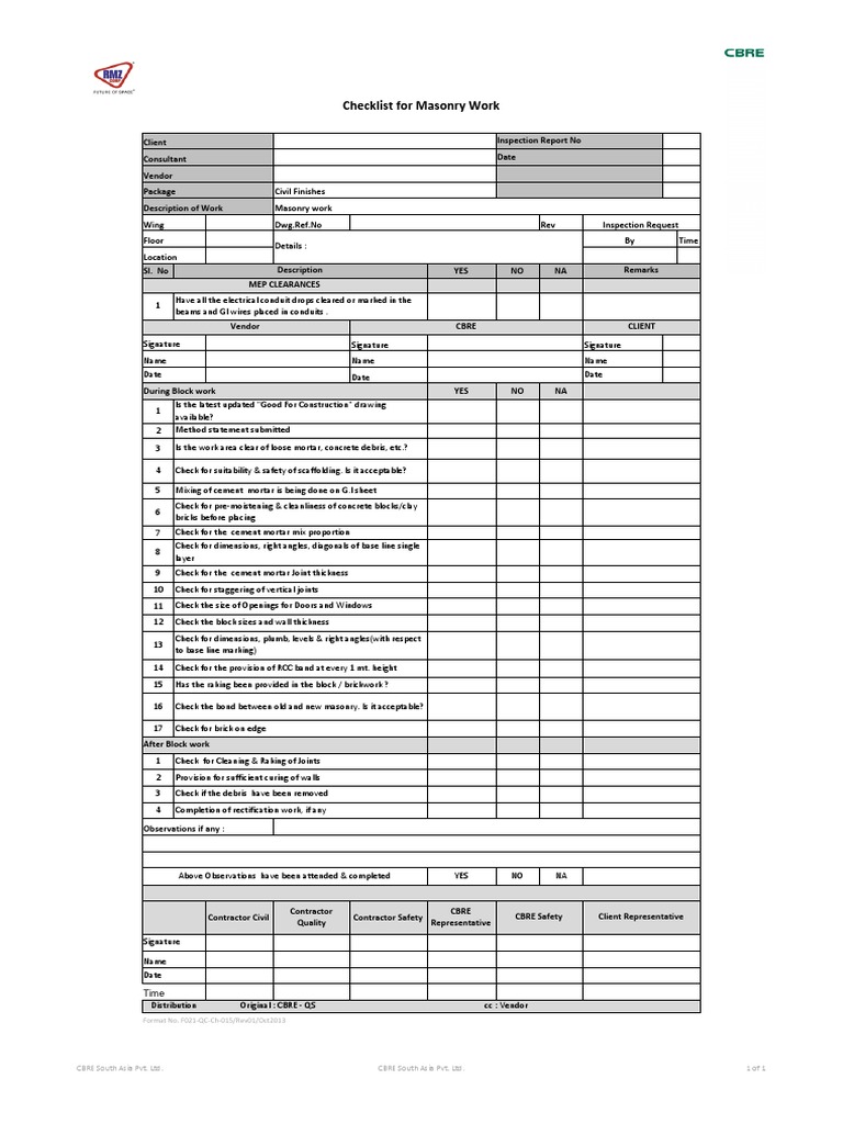 Block Work CHK List | PDF | Masonry | Mortar (Masonry)