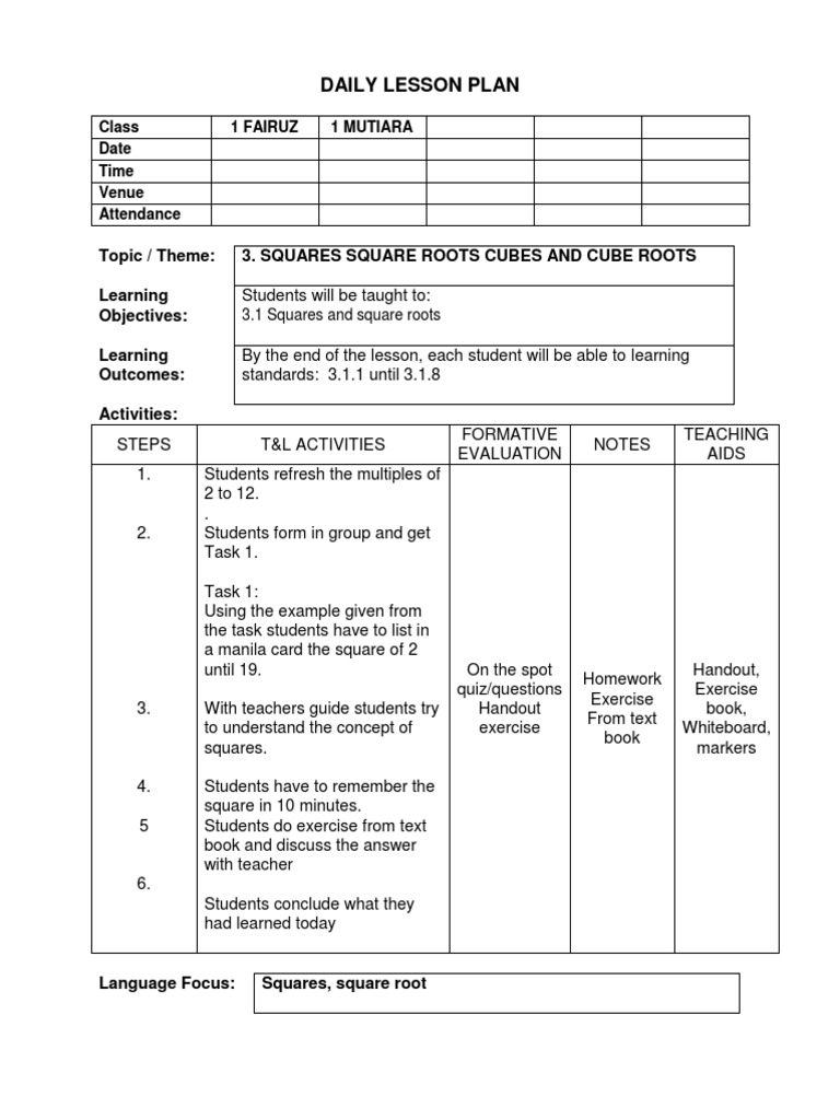 Daily Lesson Plan - Squares Square Roots | PDF | Lesson Plan | Homework