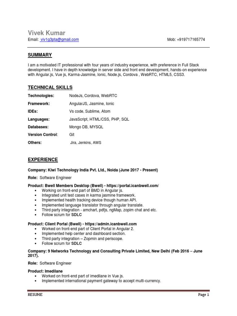 Vivek Kumar Resume 2019 | PDF | Angular Js | Web Development