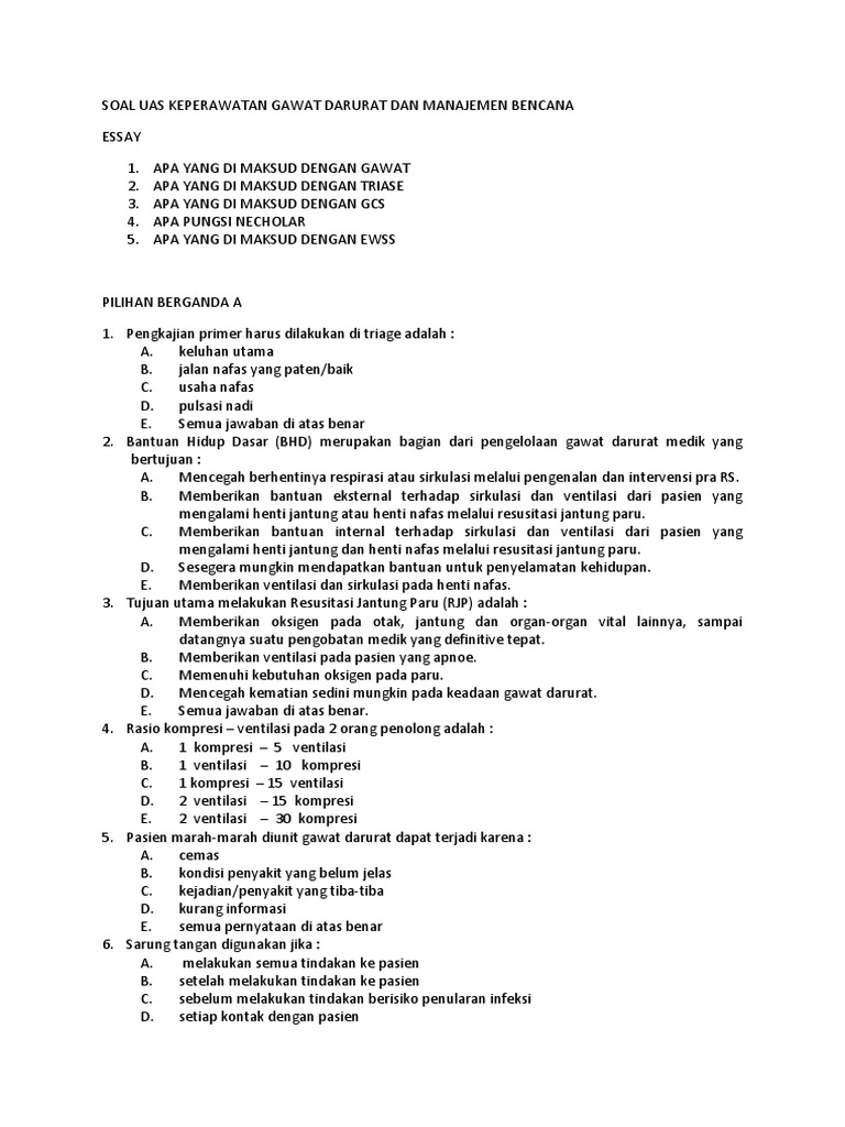 Soal Uas Keperawatan Gawat Darurat Dan Manajemen Bencana A | PDF