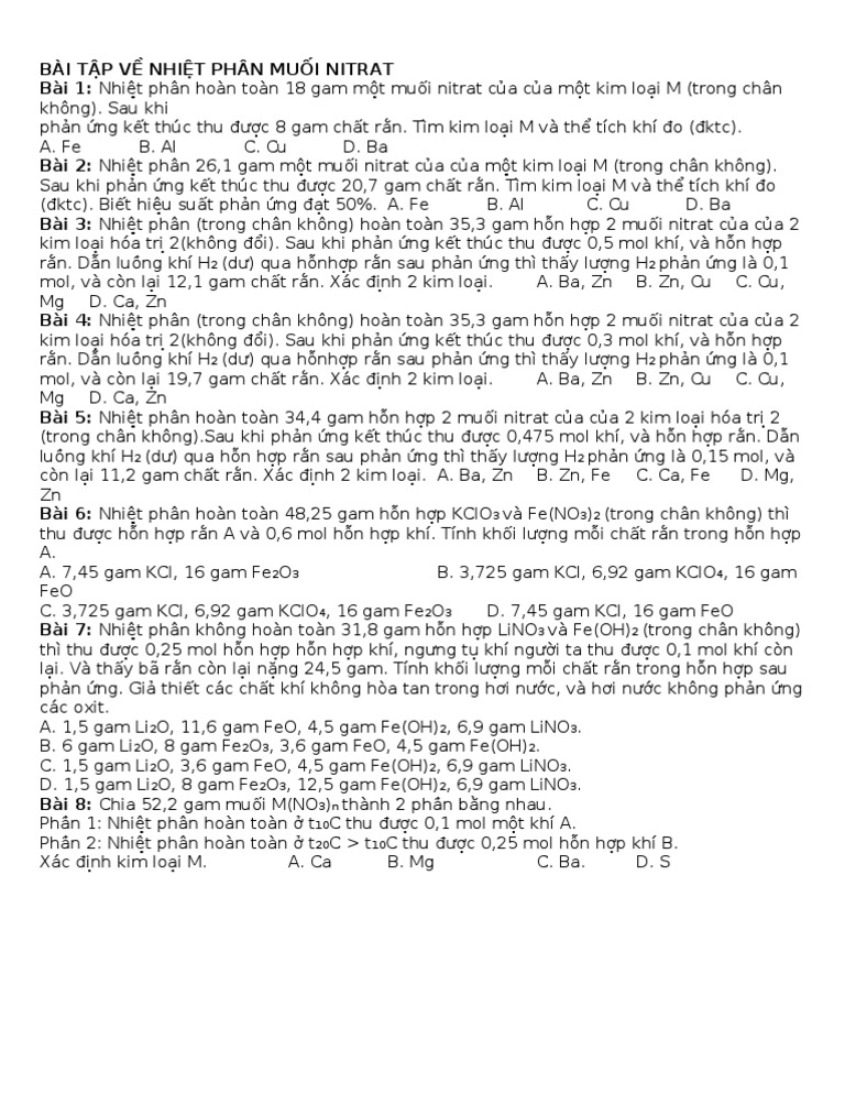 BÀI TẬP VỀ NHIỆT PHÂN MUỐI NITRAT | PDF