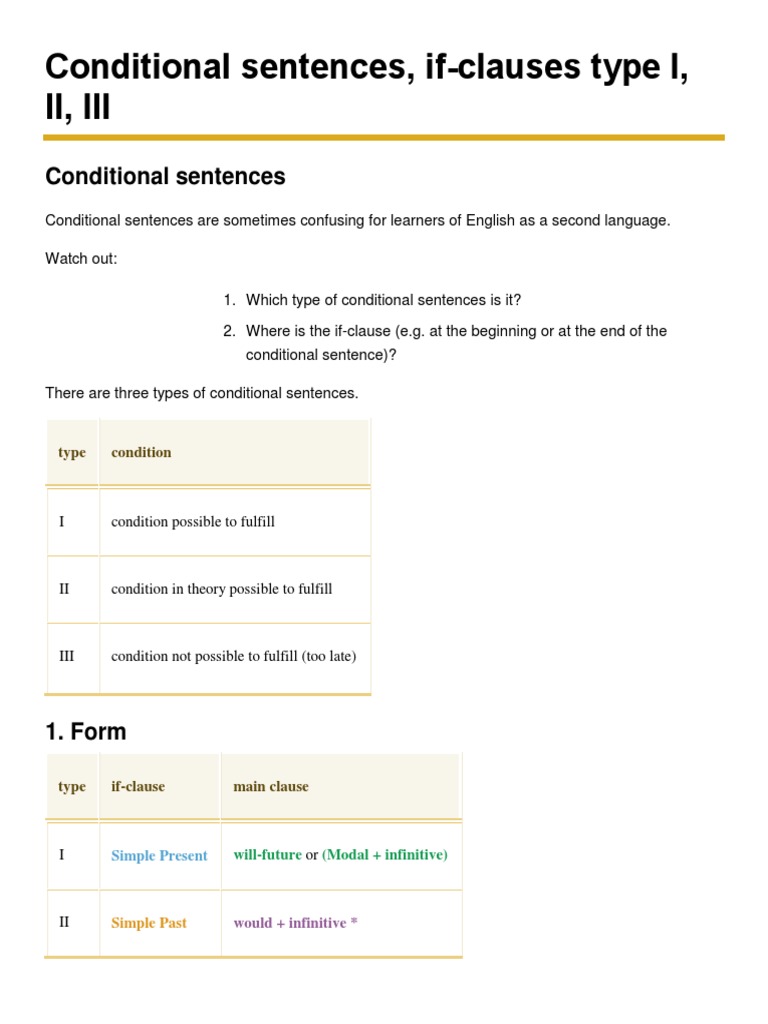 Conditional Sentences, If-Clauses Type I, Ii, Iii | PDF | Sentence ...