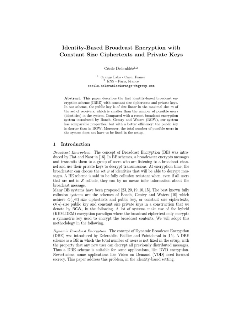 Identity-Based Broadcast Encryption With Constant Size Ciphertexts and Private Keys | Download ...