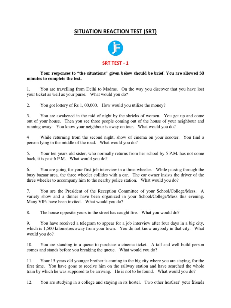 Situation Reaction Test (SRT) | PDF | Violence