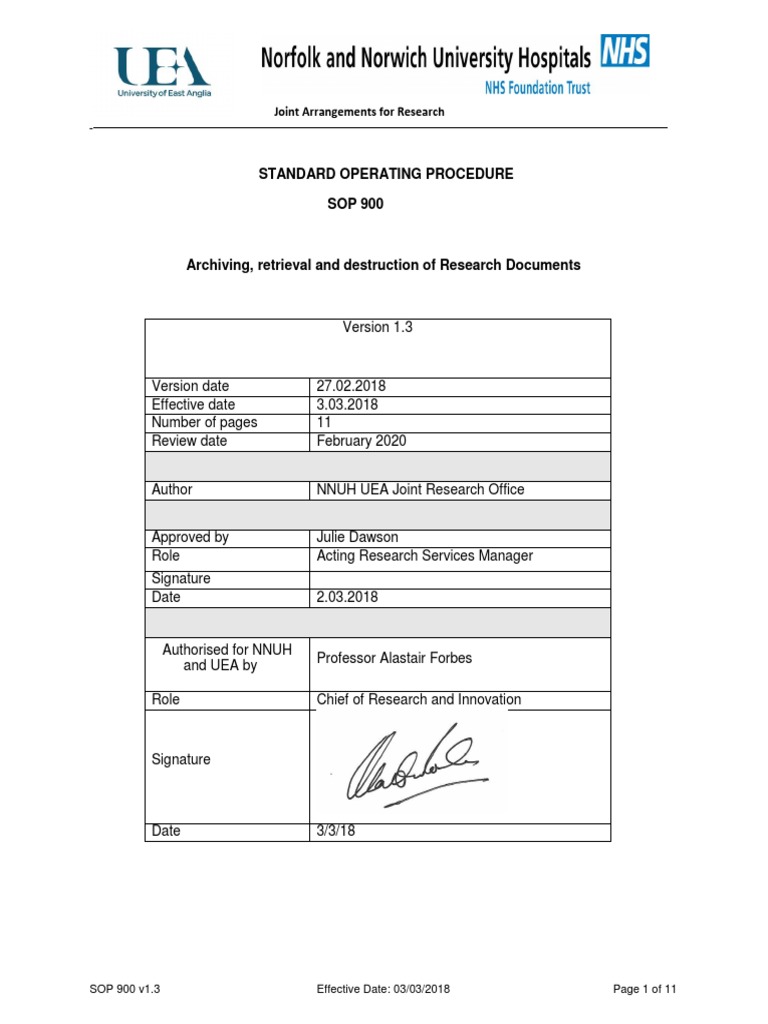 SOP 900 v1.3. Archiving Retrieval and Destruction of Research Documents SOP 900 v1.3 | PDF ...
