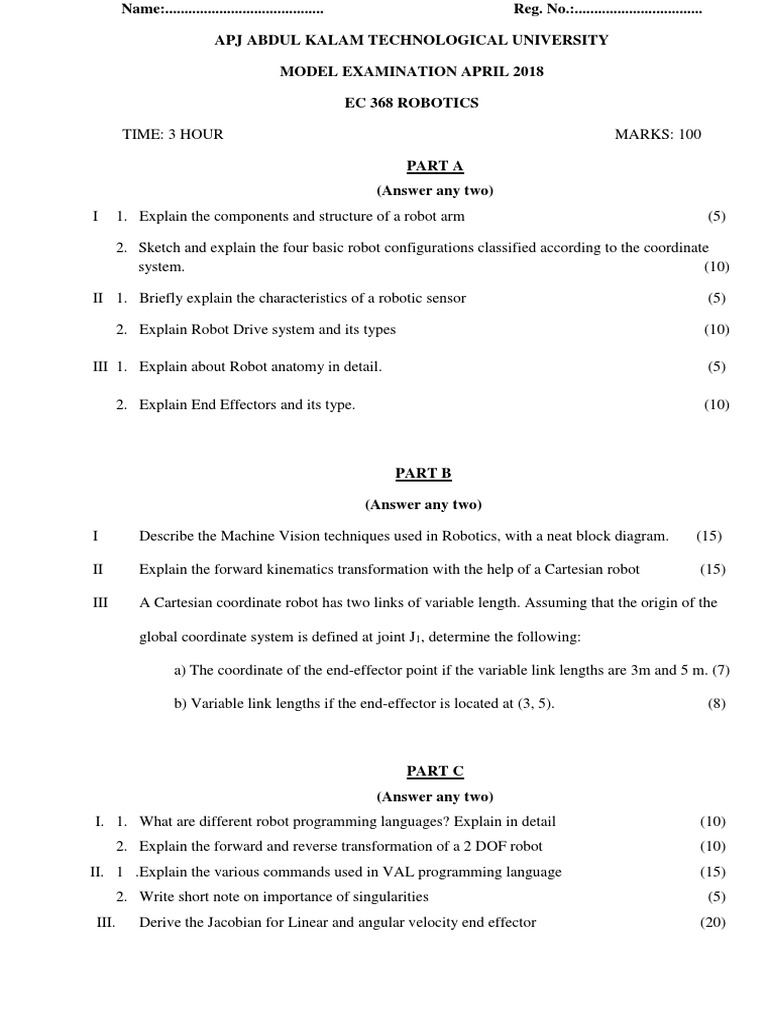 EC368 Robotics MODEL QUESTION PAPER WITH DETAILED ANSWER KEY | PDF | Programming Language ...