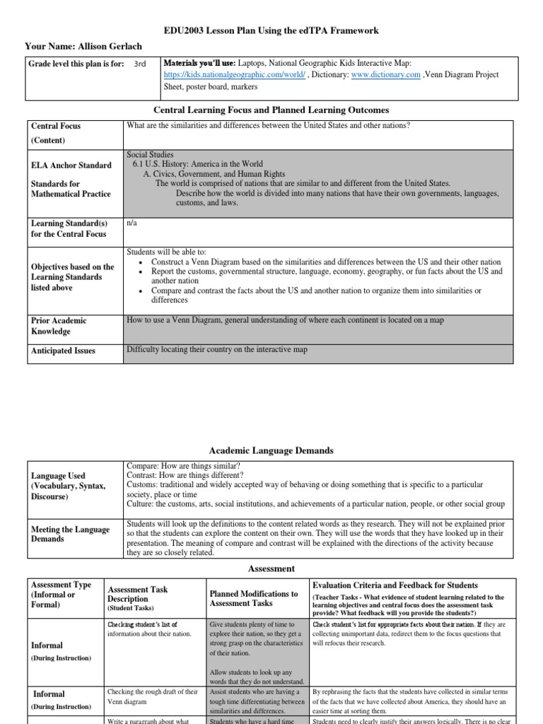 Edu2003 Lesson Plan Using The Edtpa Framework Your Name: Allison ...