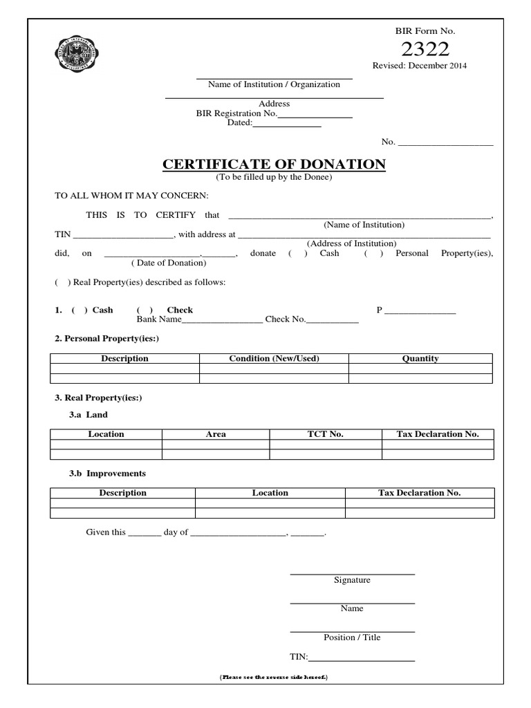 BIR Certificate of Donation (2322) | PDF | Book Value | Depreciation
